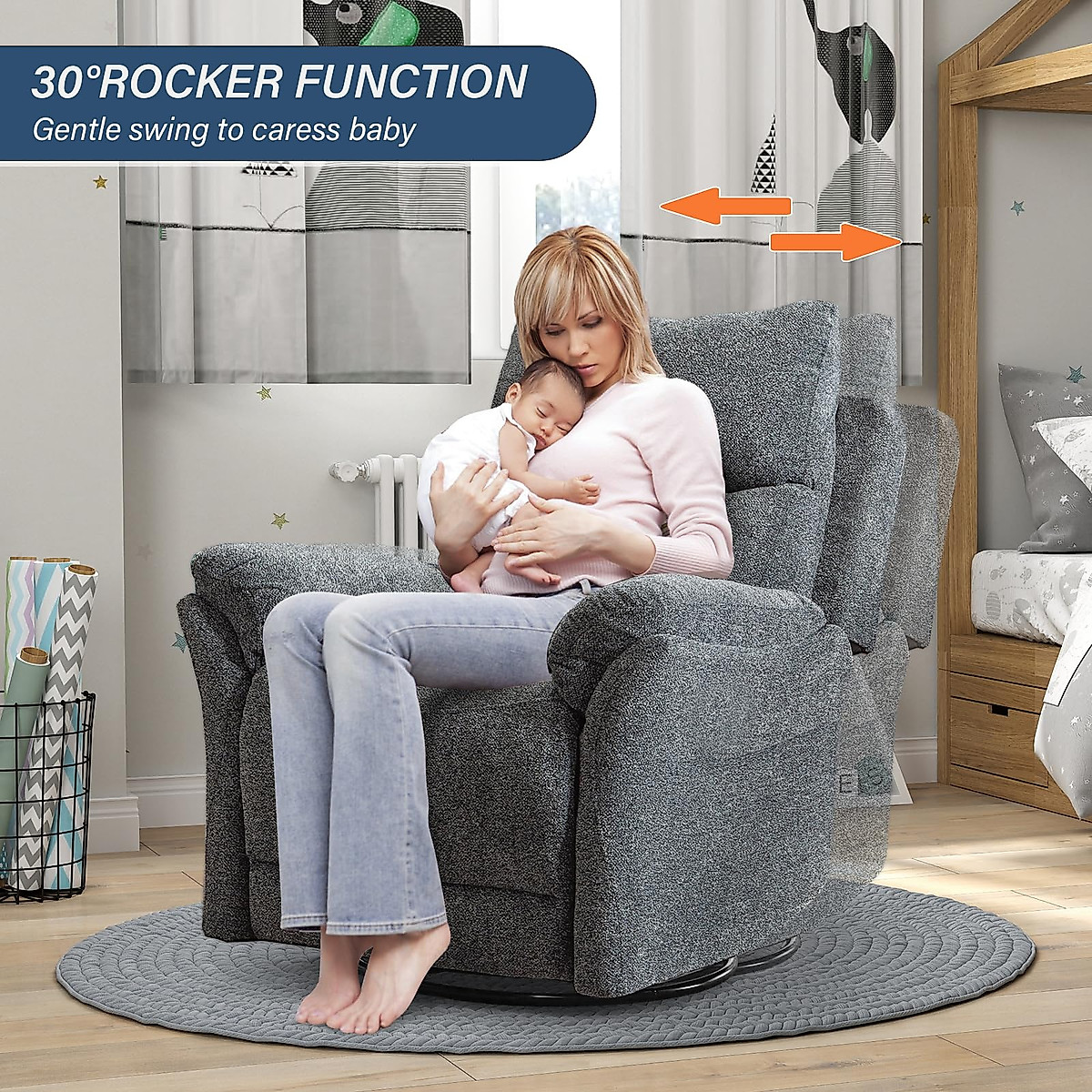 ANJ Swivel Rocker Recliner Chair Nursery, Manual Fabric Small Rocking Recliner, Modern Rocking Reclining Chairs for Living Room, Bedroom, Small Space (Gray)