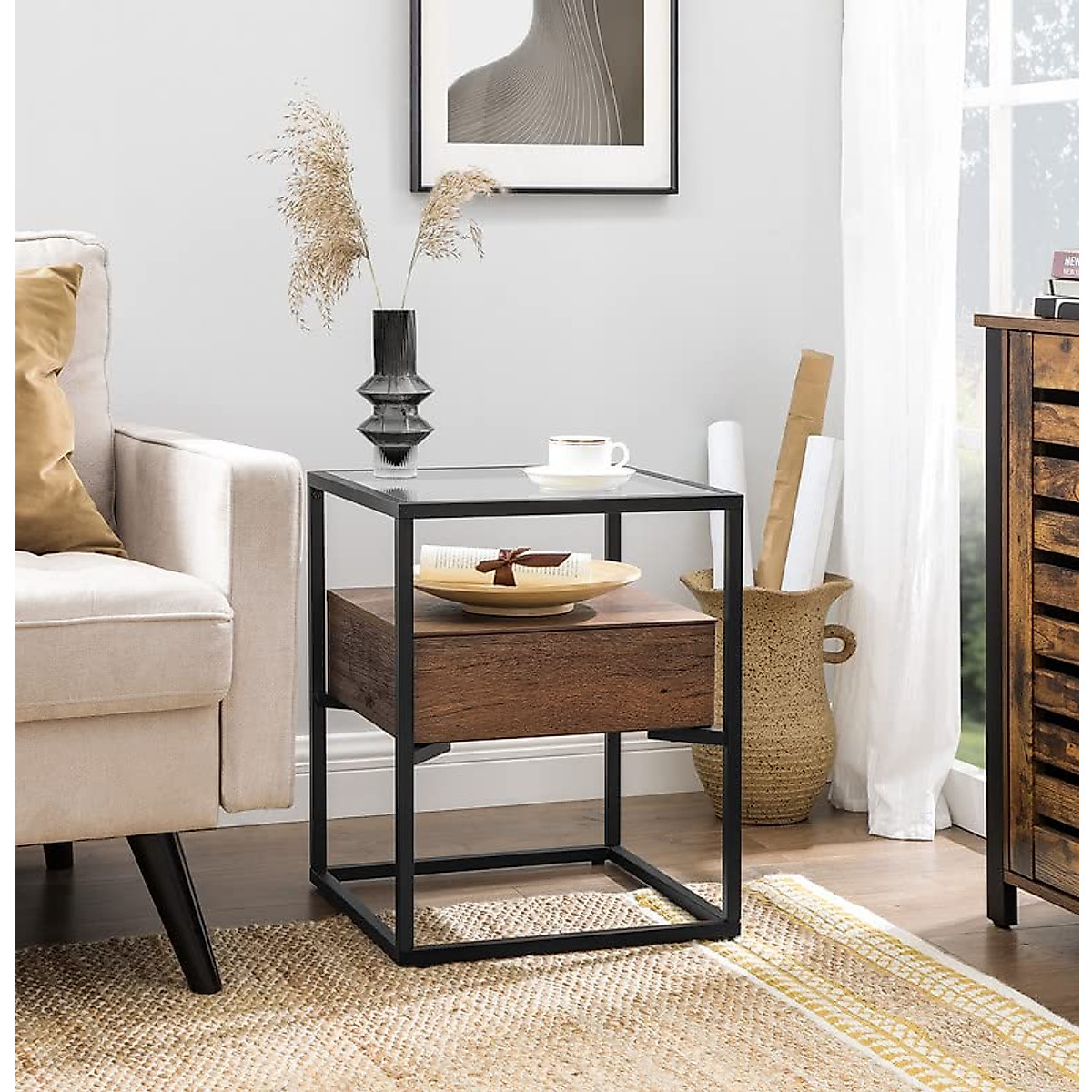 VASAGLE GLATAL Side Table, Nightstand, Tempered Glass End Table, with Drawer and Shelf, Decoration in Living Room, Stable Steel Frame, Industrial, Hazelnut Brown and Black ULET004G01