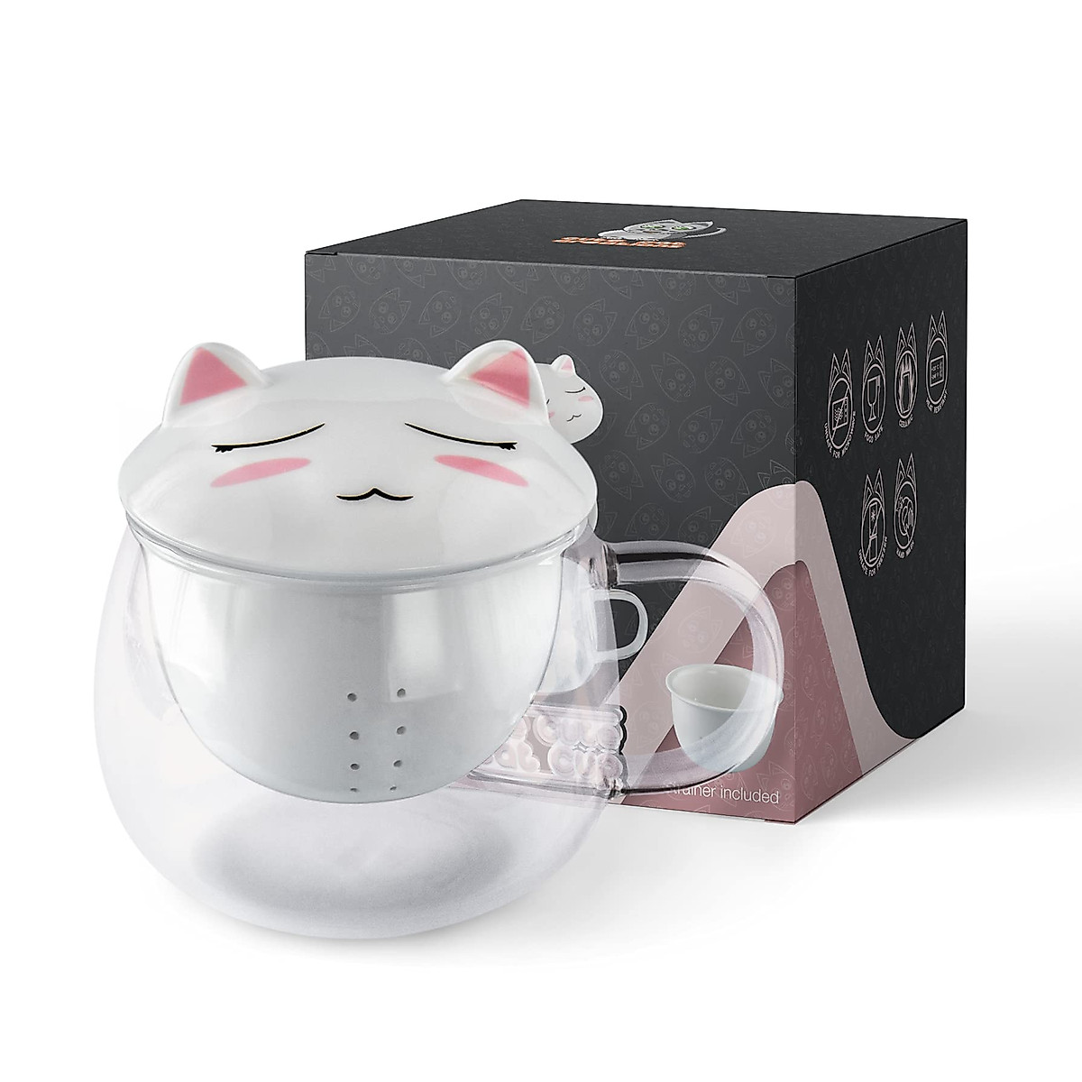 Cute Cat Creations, Crazy Cat LadyLovers Glass 300ml10oz Tea Cup with Tail Handle & Kitty Kat Ears Ceramic Lid, Kawaii Teacup with Ceramic Tea Leaf InfuserSteeperStrainer