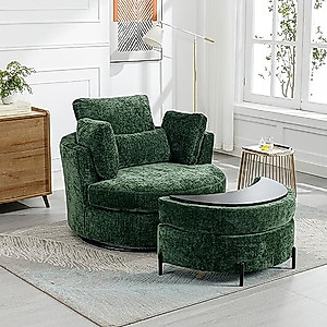 360° Swivel Accent Barrel Chair and Half Crescent Moon Storage Bench Large Ottoman with 4 Pillows,Upholstered Oversized Leisure Round Loveseat Recliner Sofa Chaise Lounge Circle Armchair for Club