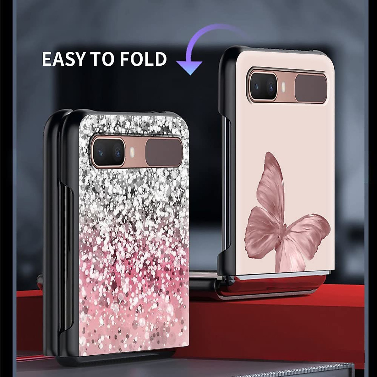 Gold Pink Rose Glitter Hearts Luxury Black Hard Case for Samsung Z Flip 3 Z Flip 4 5G Phone Case,Z5,for Z Flip 3 5G