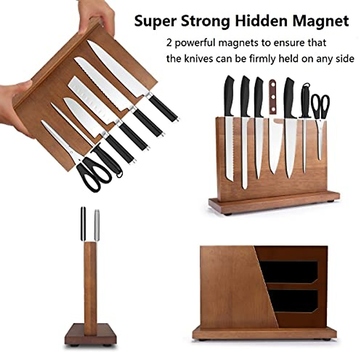 Knife Block,magnetic knife holder stand for kitchen counter,Knife Storage rack shelves, Rubber Wood Knife storage Organizer with Double Sided Magnetic,Knife Display Stand,without knives(12 * 7“)
