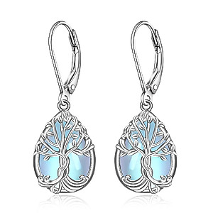 Tree of Life Earrings Moonstone Earrings for Women Sterling Silver 925 Teardrop Moonstone Family Tree Leverback Dangle Jewelry Christmas Valentines Gifts