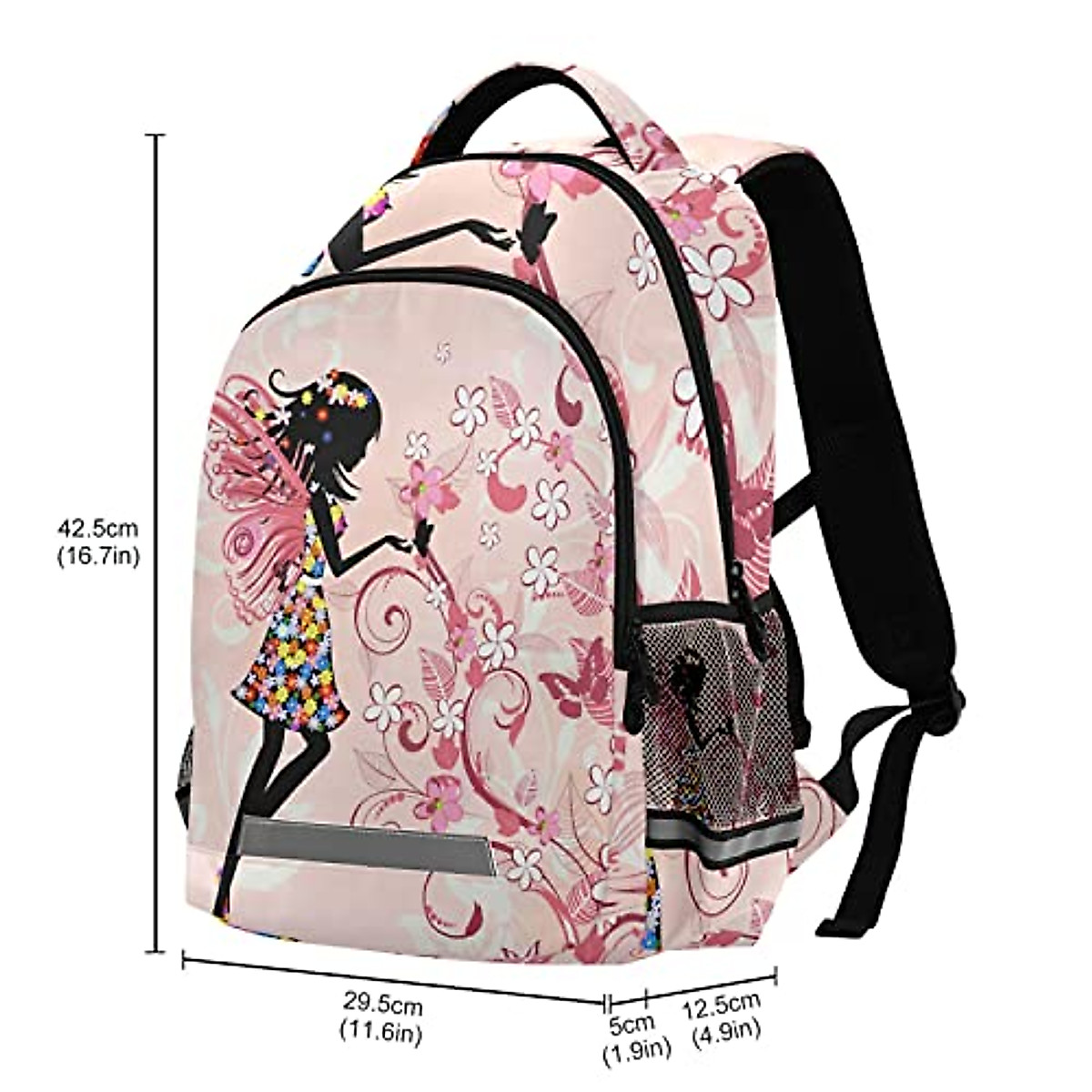 Butterfly Fairy Girl Backpack for Boys Girls, Pink Flowers Schoolbag Elementary School Bookbag Daypack Rucksack