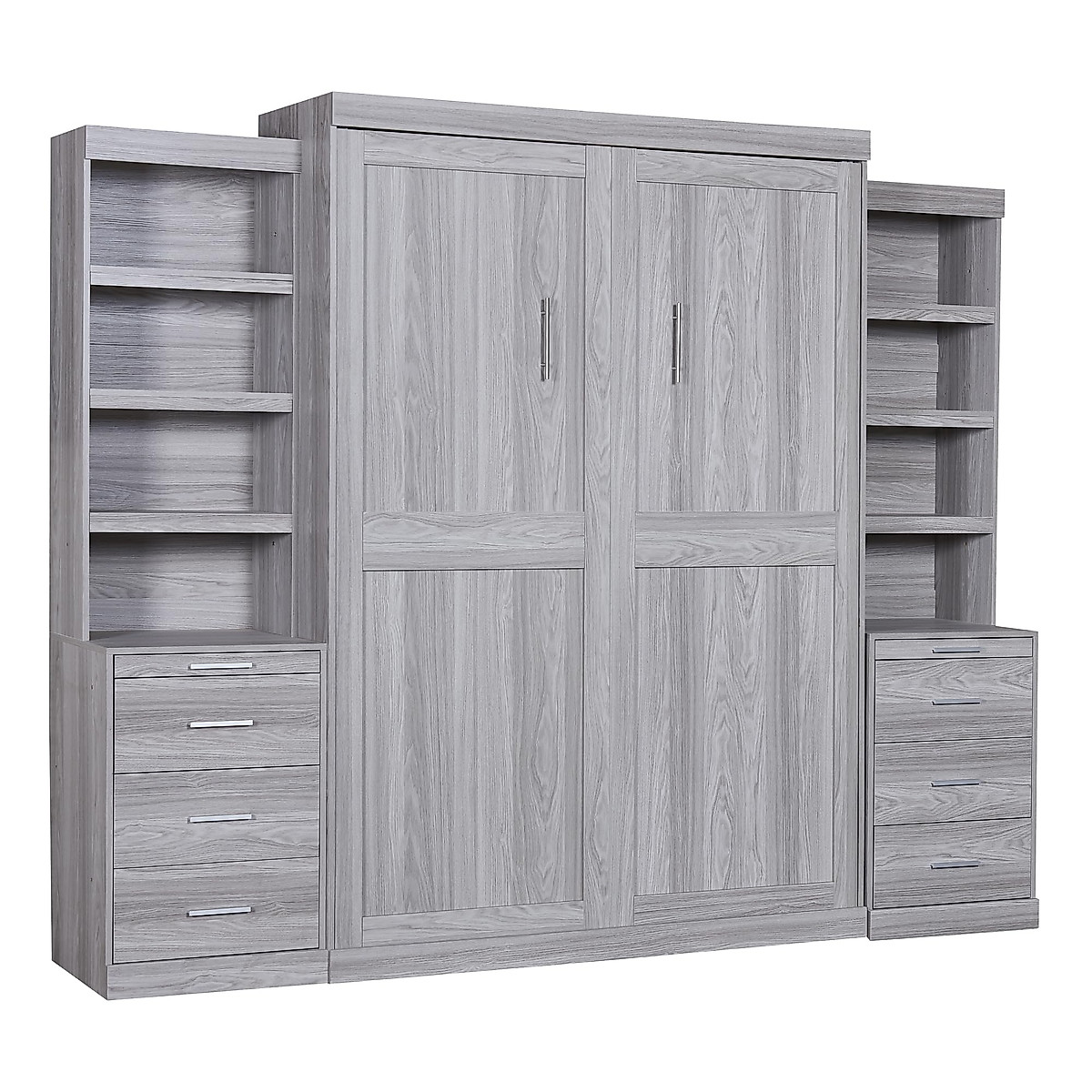 GLORHOME Space-Saving Full Size Murphy Bed with Gray Finish, Storage Shelves, and Drawers