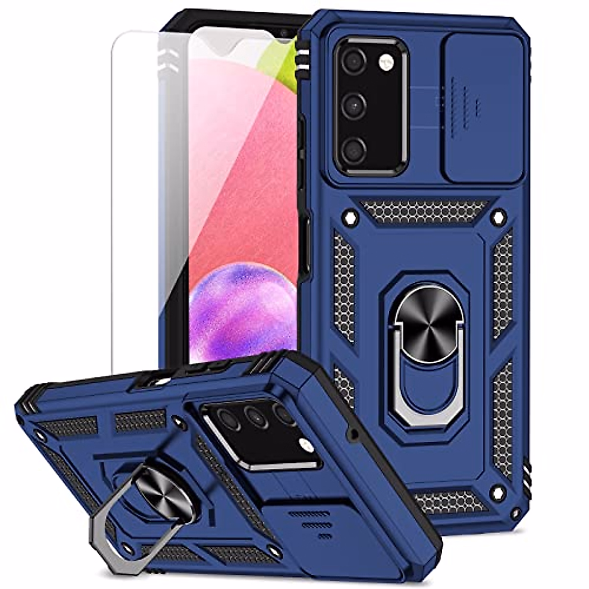 for Samsung Galaxy A03S Case with Slide Camera Cover HD Screen Protector [Military Grade 16ft. Drop Tested] Magnetic Ring Holder Kickstand Protective Phone Case for Samsung Galaxy A03S, Navy Blue