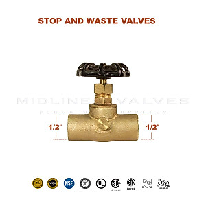 Midline Valve 632D234 Stop Valve with Drain, Lead-Free 1/2 in. Sweat Connections, Brass