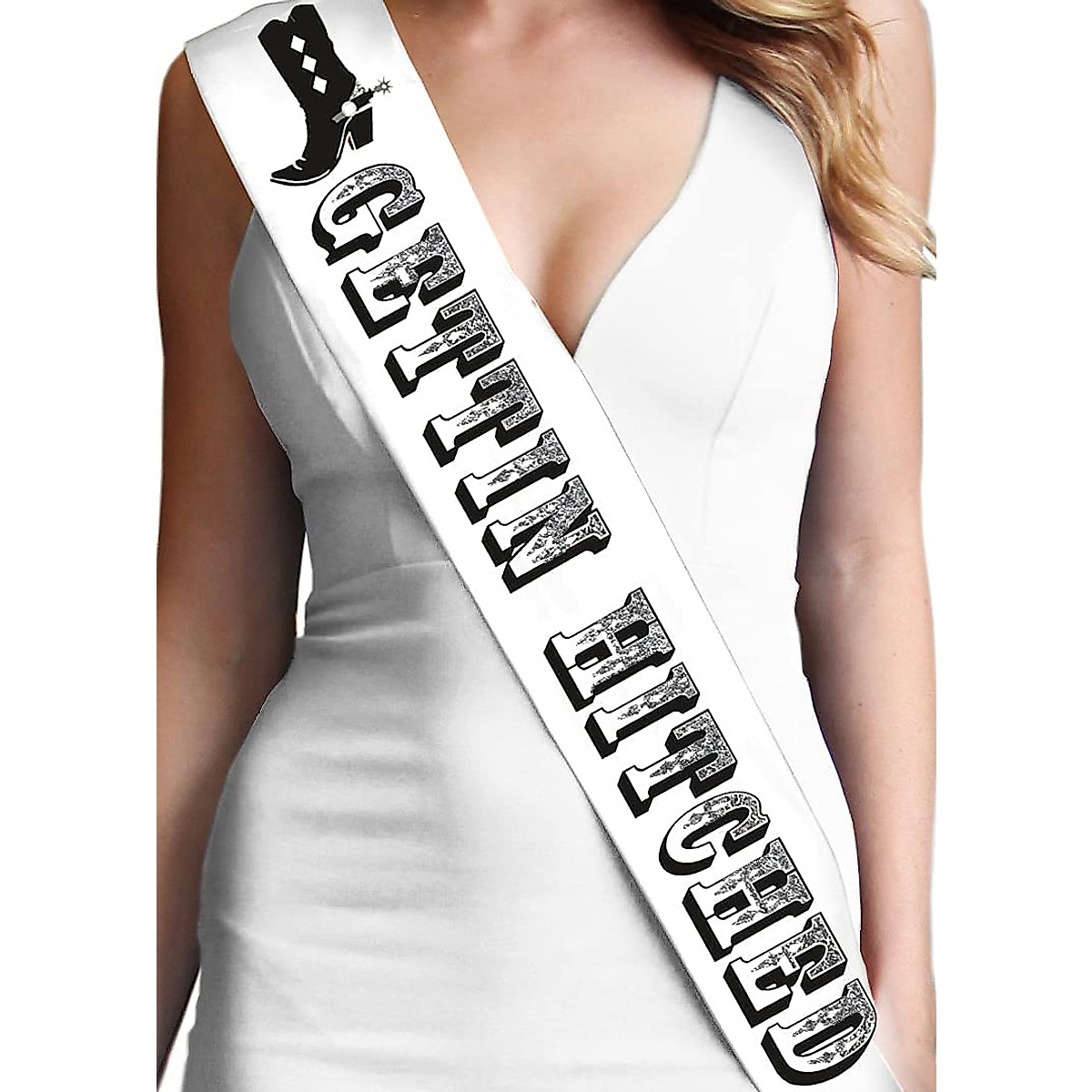 Disco Cowgirl Bride Sash - BRIDAL GRADE SATIN Gettin Hitched Silver Sparkle Sash - Same Cowboy Forever Bachelorette Outfit - Nashville Cowboy Western Boot White Sash(Gtn Htchd) Wht
