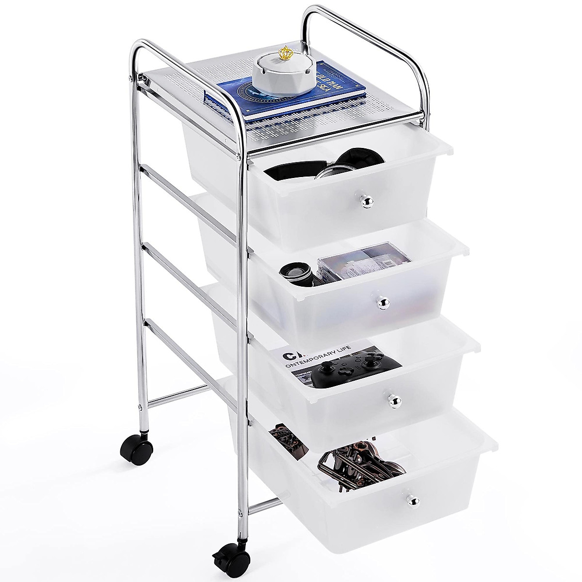 Yaheetech 4 Drawers Rolling Storage Cart and Organizer Metal Frame Plastic Storage Bins with Drawers Plastic Trolley Organizer on Wheels Plastic Craft Storage Container Rolling Bin Set 2, White