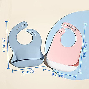 Eimmabey Silicone Bibs for Babies and Toddlers 2 Sets Feeding Bibs for Boy and Girl, Adjustable Soft Waterproof Bibs with Food Catcher Dinosaur