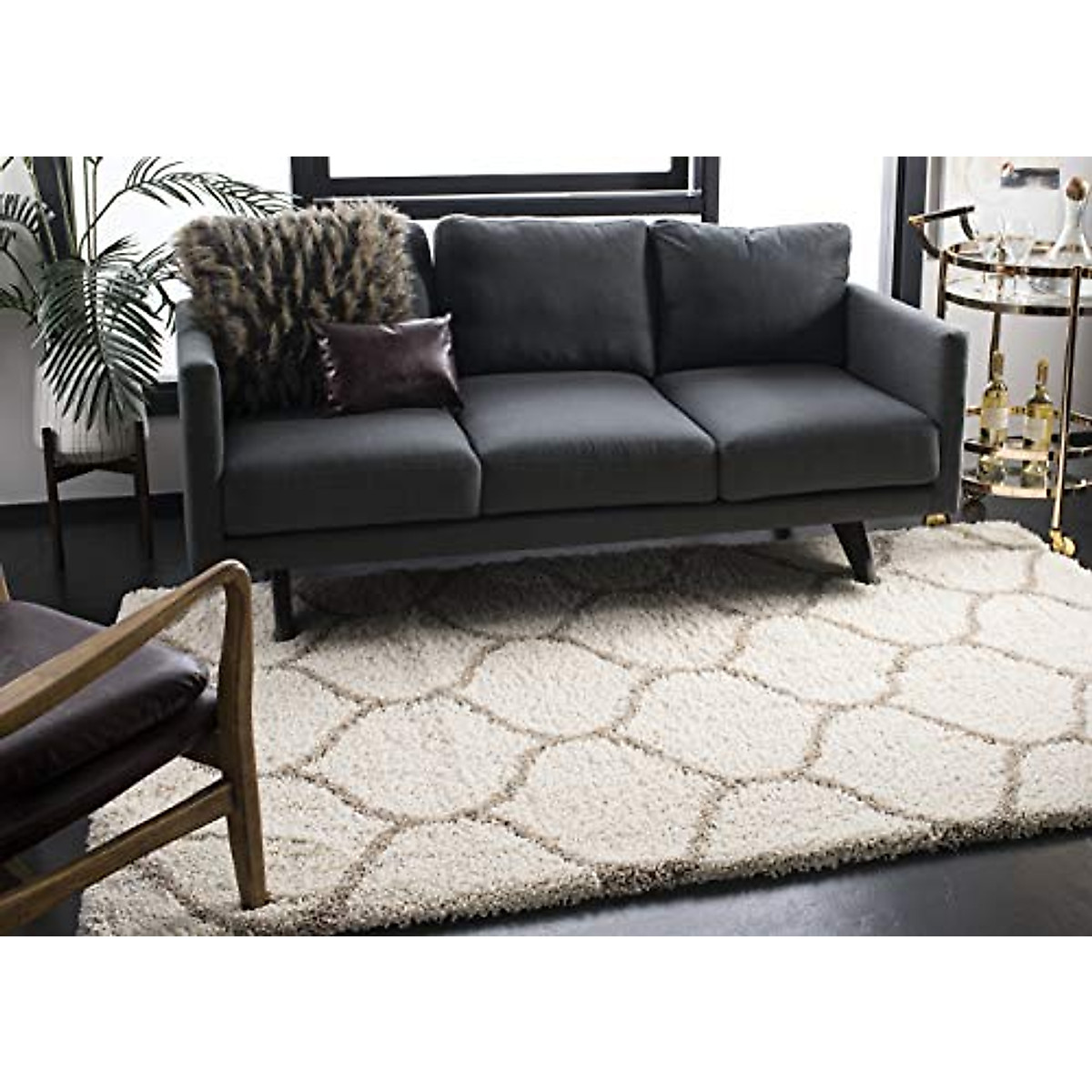 SAFAVIEH Hudson Shag Collection Area Rug - 10' x 14', Ivory & Beige, Moroccan Ogee Trellis Design, Non-Shedding & Easy Care, 2-inch Thick Ideal for High Traffic Areas in Living Room, Bedroom (SGH280D)