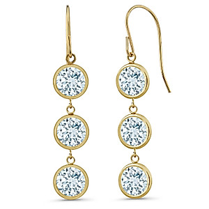 Gem Stone King 14K Yellow Gold Sky Blue Aquamarine Dangle Long 3-Stone Earrings For Women (2.40 Cttw, Gemstone Birthstone, Round 5MM, 1 Inch)