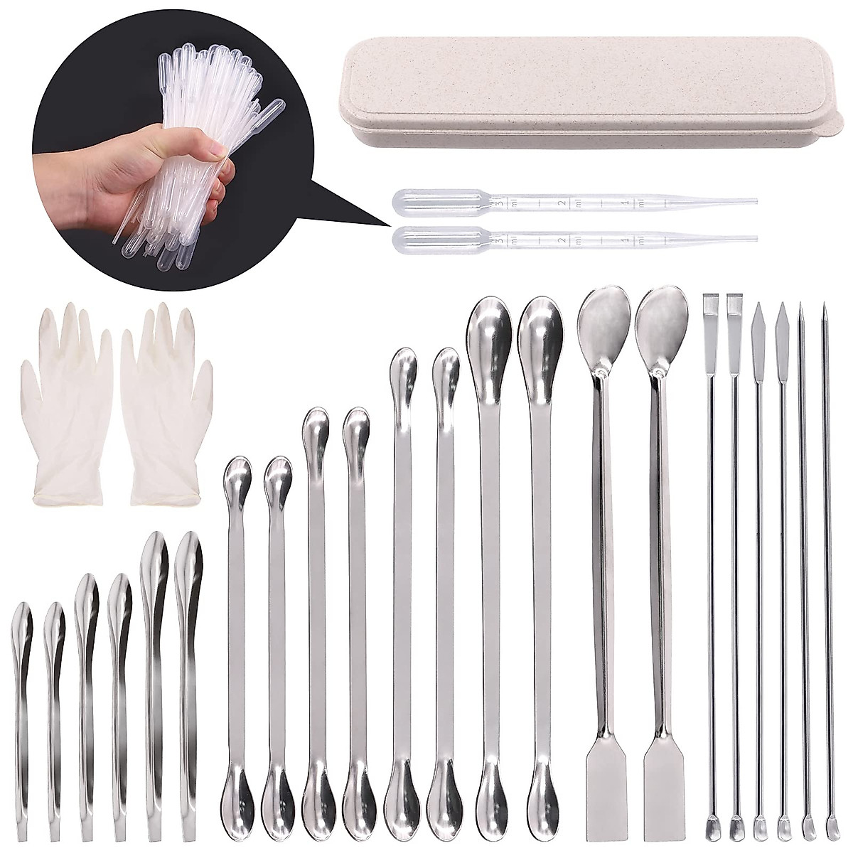 Swpeet 74Pcs Stainless Steel Micro Lab Scoop Spoon Lab Spatulas with 3ML Plastic Transfer Pipettes Kit, Pill Filler Tamper Tool Micro Spatula Steel Spoon Reagent Mixing Spatula Long Sampling Spoon