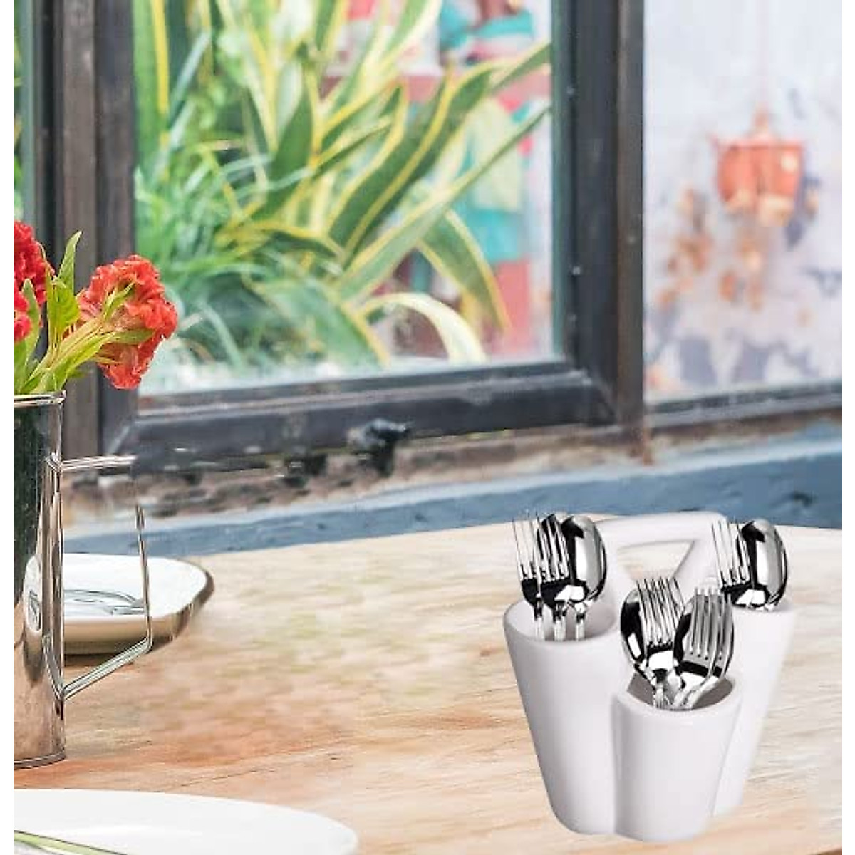 Farmhouse Decor 4 Section Ceramic Silverware Holder - Flatware and Cutlery Caddy - Kitchen Table Organizer (White)