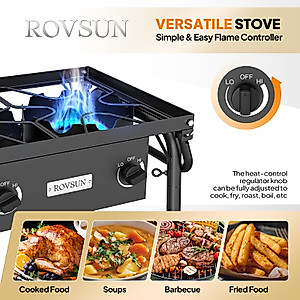 ROVSUN 3 Burner Gas Stove with 2 Side Shelves, 225,000BTU Portable Propane Stove with Removable Leg, Wind Panel, Regulator for Camping Home Backyard Outdoor Cooking Brewing Canning Turkey Frying