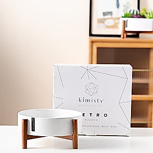 kimisty 10 Inch Succulent Planter, Large Round Bowl with Drainage, Mid Century White Ceramic Pot with Wood Stand, Succulent Garden Shallow Pot, Tabletop Centrepiece, Includes Gift Pack