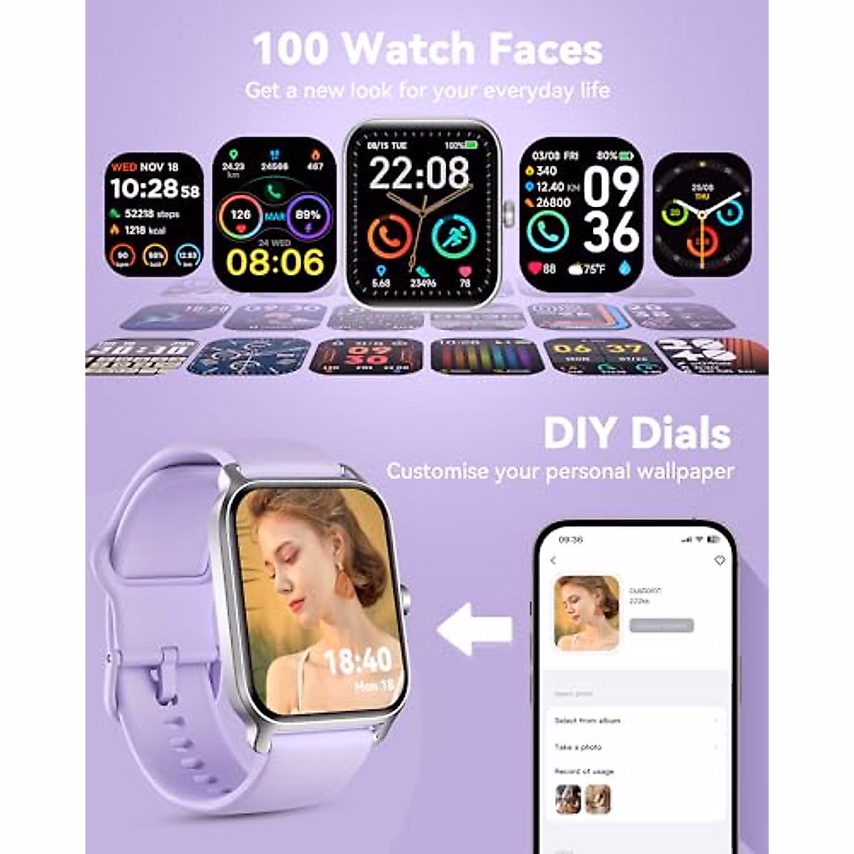 Quican Smart Watch for Women, 1.8 Inch Fitness Watch with Bluetooth Call/Alexa Voice for Android iPhone, Smartwatch Tracker with 100 Sports, Steps/Calorie/SpO2/Heart Rate/Sleep Monitor (Purple)
