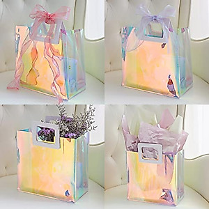 VUOJUR Holographic Small Gift Bag 8.3x8x4'' Clear Reusable Birthday Gift Bag for Women Girls Iridescent Christmas Wedding Gift Bag with Handle