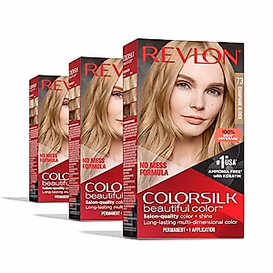 Permanent Hair Color by Revlon, Permanent Blonde Hair Dye, Colorsilk with 100% Gray Coverage, Ammonia-Free, Keratin and Amino Acids, Blonde Shades, 73 Champagne Blonde (Pack of 3)