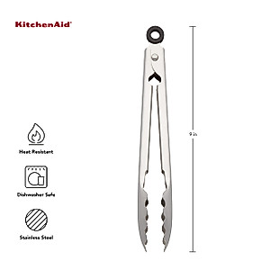 KitchenAid Gourmet Stainless Steel Serving Tongs with Hang Hook and Secure Closing Lock, 9 Inch, Stainless Steel