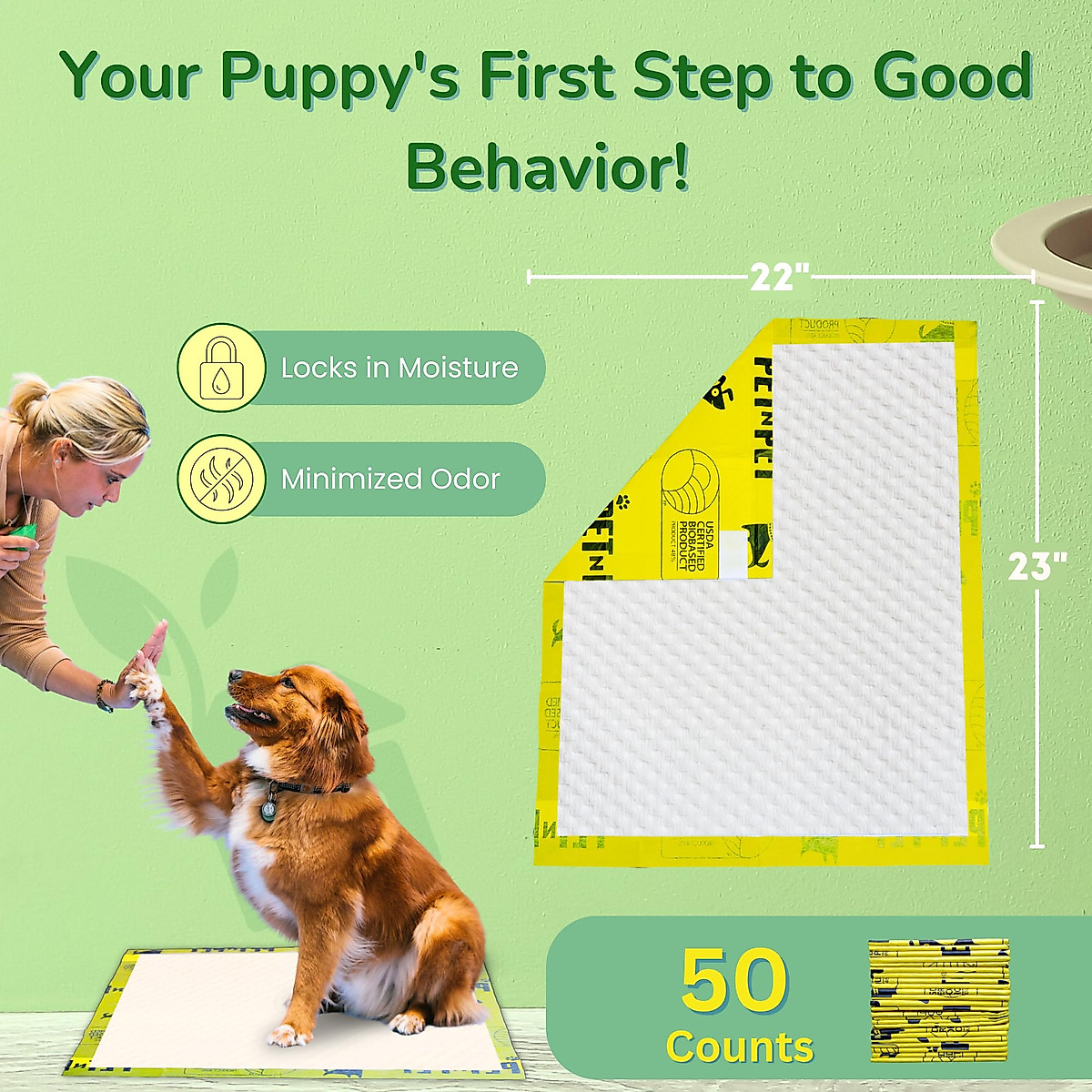 Pet N Pet Pee Pads for Dogs, 50 Counts Puppy Pads, 48% USDA Certified Plant Based Puppy Pee Pads, Unscented Dog Pad, Leak-Proof Training Pads for Dogs, Absorbent Dog Training Pads, Dog Pee Pads