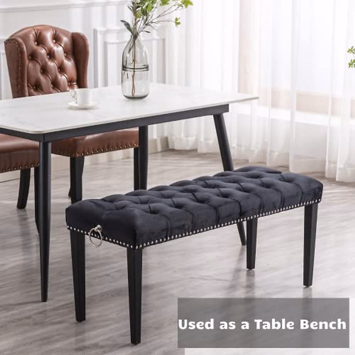 HEAH-YO Modern Velvet Tufted Bench, 18" Seat Height Upholstered Ottoman Dining Bench with Pull Rings, Nailhead Trim Footstool for Entryway Bedroom Kitchen Dining Table, Black