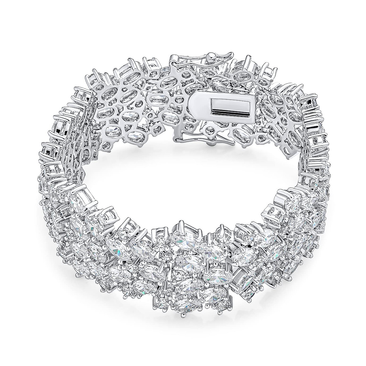 Bling Jewelry Elegant Formal AAA CZ Wide Statement Bracelet for Women, Prom, Wedding or Bridal Occasions Multi Row Big Oval Cubic Zirconia Cluster Design Silver Plated