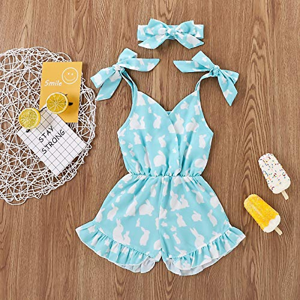 Flashing boy One-Piece Toddler Kid Baby Girl Easter Outfit Bowknot Strap Romper Ruffle Bunny Print Jumpsuit Headband (Blue-Rabbit, 3-4 Years)