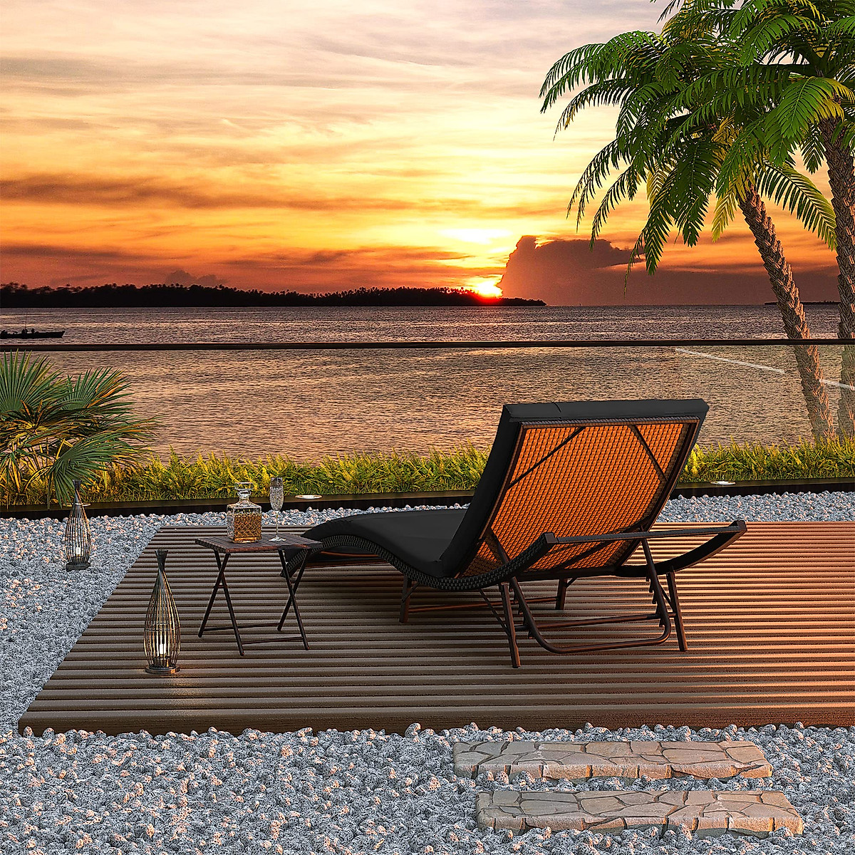 RTDTD 3 Pieces Patio Chaise Lounge Set Outdoor PE Rattan Lounge Chair Adjustable Backrest Reclining Chair with Folding Table and Cushion for Patio Poolside Backyard Porch Beach(Black)