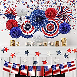 35 Pcs Patriotic Party Decorations Set, 4th of July American Flag Independence Day Party Supplies, Blue Red White Confetti Balloons, Paper Fans, Pompoms, USA Flag Pennant Bunting, Star Confetti, Star Streamers