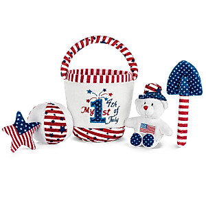 Genius Baby Toys American Flag Toy and USA Plush Playset - My 1st 4th of July Baby Toys - Soft Plush Sand Bucket with 4 Sensory Infant Toys - Fun Beach Toy - Perfect for Small Hands