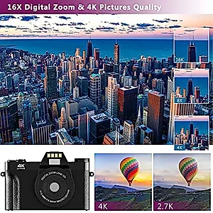 Vlogging Camera, 4K Digital Camera for YouTube with WiFi, 16X Digital Zoom, 180 Degree Flip Screen, Wide Angle Lens, Macro Lens, 2 Batteries and 32GB TF Card TopCam37