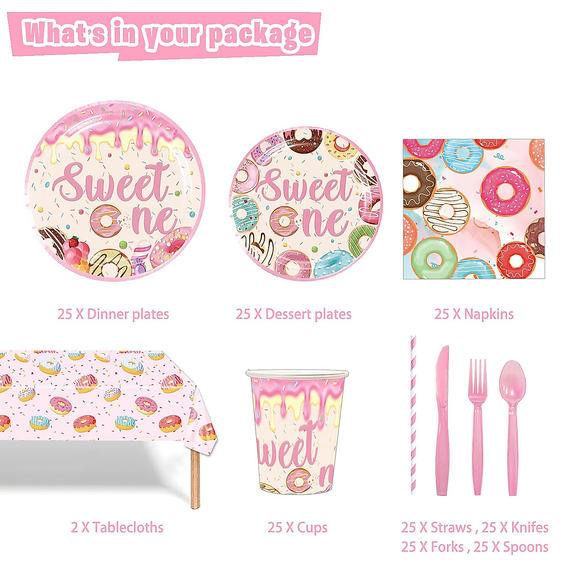 LXlucktim Donut Birthday Party Supplies for 1 Year Old Girl, 202 Pcs Sweet One Party Decorations for Girls Baby - Table Cover, Plates, Cups, Napkins, Utensils, Serves 25 Guests