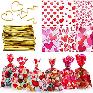 Zonon Valentine Cellophane Bags Heart Candy Treat Bag Holiday Clear Goodie Bags Party Favor Bags with 700 Pieces Twist Ties for Valentine's Day Craft Wrapping Decoration Supplies (240)