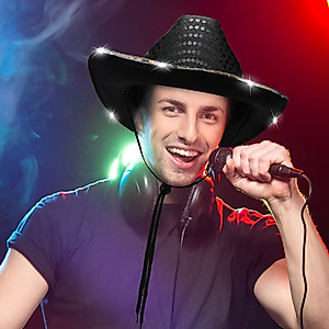 Kigeli LED Flashing Cowboy/Cowgirl Hats for Western Role Play - 10 Pcs, Sequin (Black)