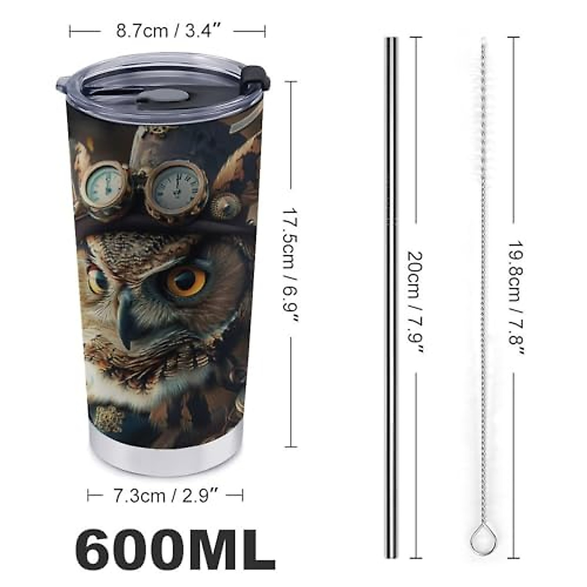 WNICELIN Steampunk Owl Retro Tumbler Insulated Travel Mug Stainless Steel Travel Tumbler Car Cup with Straw And Brush with Lid 20oz