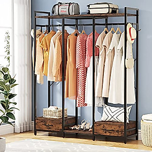 Tribesigns Clothes Rack with 2 Drawers, Freestanding Closet Organizer Garment Rack with Storage Shelves Hanging Rods and Hooks, Large Open Wardrobe Closet Clothing Rack for Bedroom