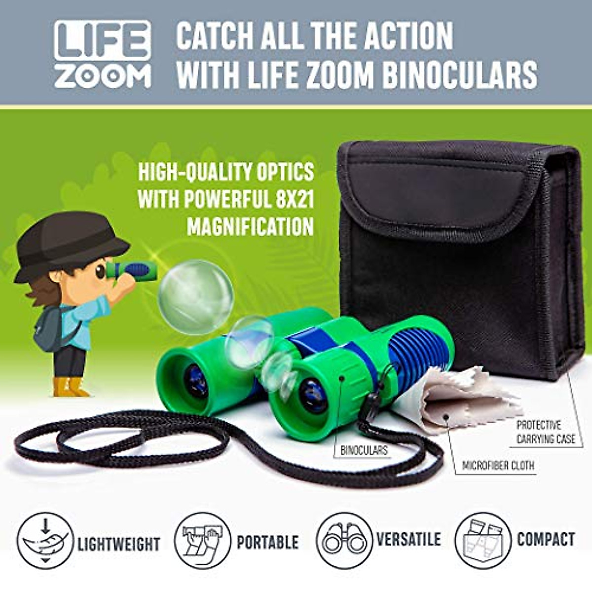 Kids Binoculars and Compass - 8x21 Compact Binoculars for Kids - High Resolution Real Optics - Bird Watching- Small Binoculars for Kids 5-12, Boys, Girls - Outdoor Play - Hunting - Camping