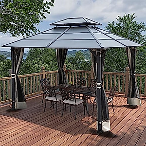 MONDAWE 10x12Ft Hardtop Gazebo Double Roof Permanent Gazebo Steel Frame Canopy Outdoor Pavilion Heavy Duty for Patio Lawn Garden with Curtains and Netting,Black