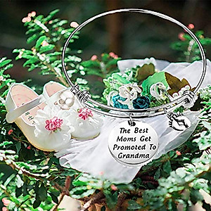 FEELMEM New Grandma Gift The Best Moms Get Promoted to Grandma Bangle Bracelet with Baby Footprint Charm (Silver)