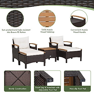 HAPPYGRILL 5 Pieces Patio Furniture Set Outdoor PE Wicker Lounge Chair and Ottoman Set with Cushions and Side Table with Acacia Wood Tabletop, Outdoor Conversation Set for Garden Poolside Backyard