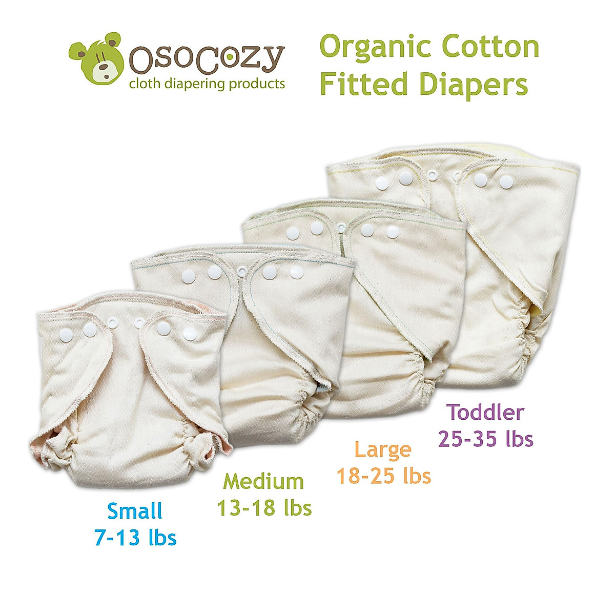 Osocozy Fitted Organic Diaper, 100% GOTS Certified Organic Cotton Birdseye Weave Fabric. Soft and Absorbent. Easy Snap Closures. Sewn in The USA. (Size: Small 7-13 Lbs)