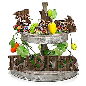 4 Pcs Easter Table Decorations Easter Bunny Signs Wooden Bunny Decor Easter Word Sign Rustic Farmhouse Rabbit Tiered Tray Decor Spring Sign for Home Party Decoration (Flower Bunny Style)