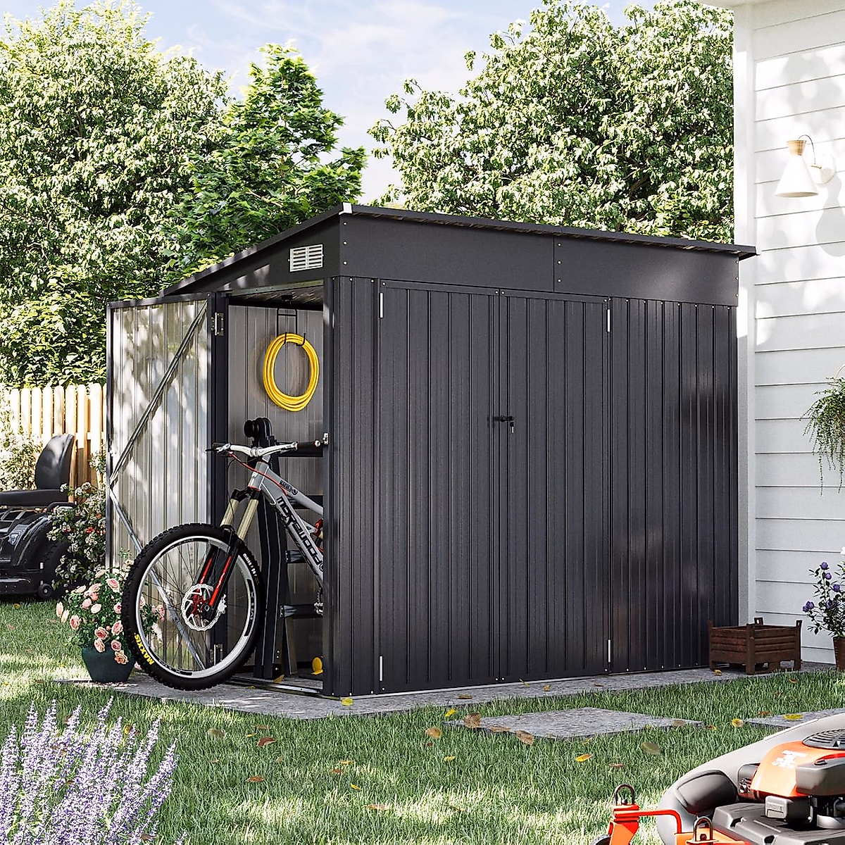 Aoxun 4' x 8' Shed Outdoor Storage Shed with Triple Lockable Door Metal Storage Cabinet with Slopping Roof for Tools Bicycles Storage for Garden, Patio, Courtyard
