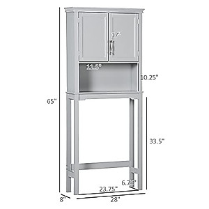 kleankin Modern Over The Toilet Storage Cabinet, Double Door Bathroom Organizer with Inner Adjustable Shelf and Open Shelf, Grey