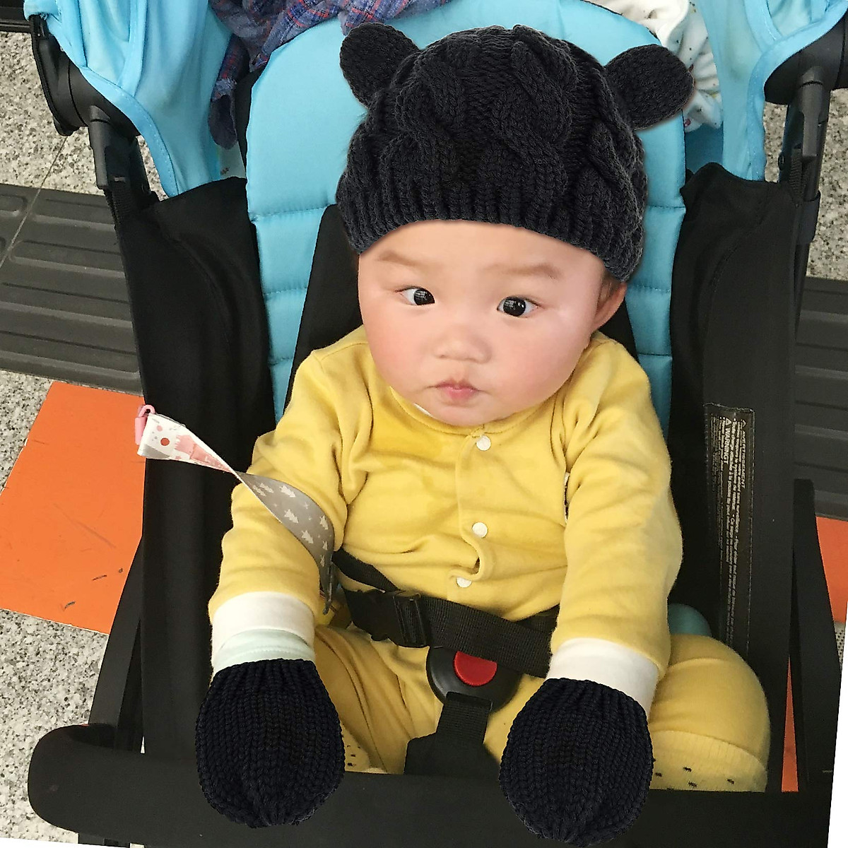 2 Set Newborn Winter Beanie Hats Gloves Kit for Baby Girls Boys Infant Toddler Warm Knitted Hats Glove Autumn Spring 3-6 Months (Black & Gray)