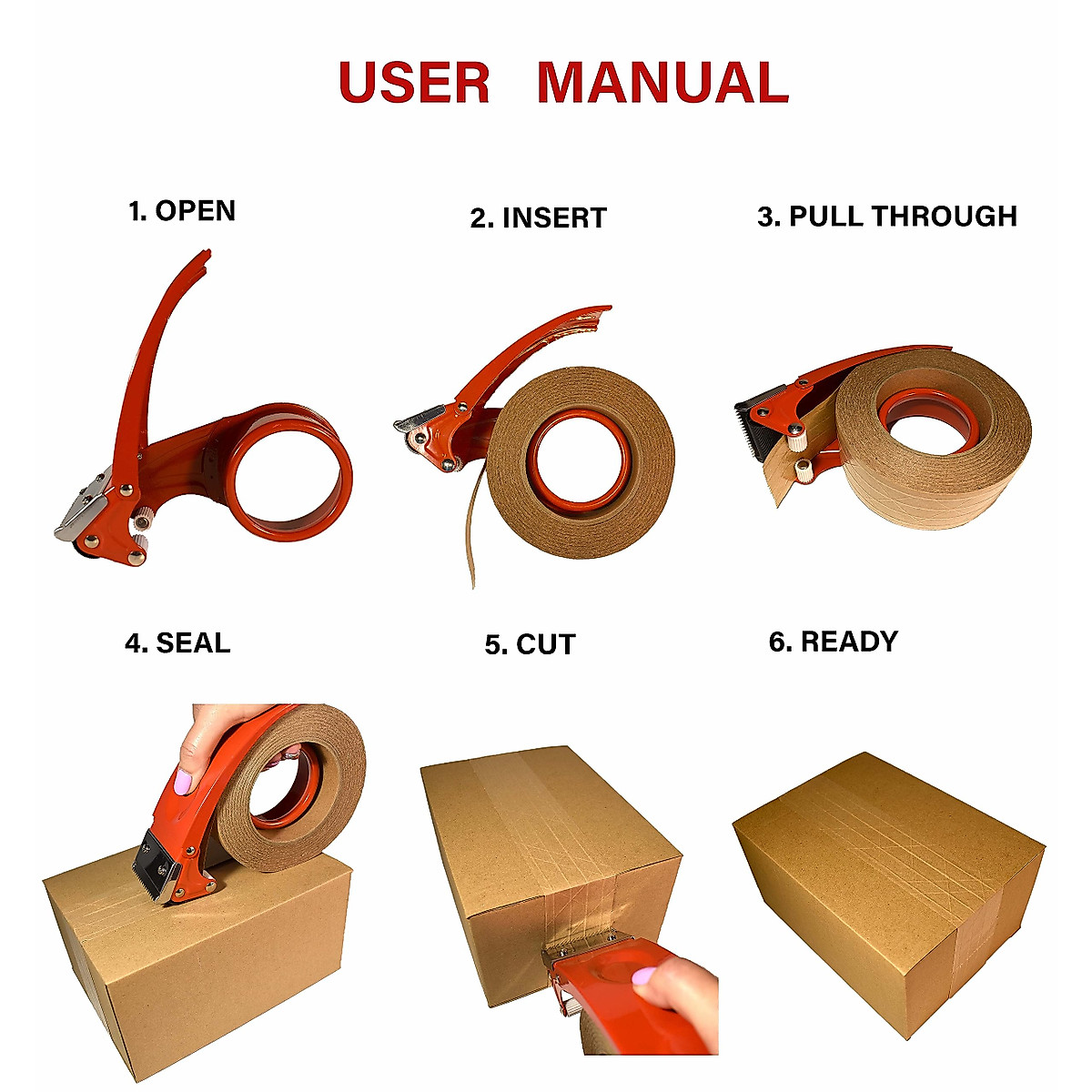 Heavy Duty Steel Packing Tape Dispenser - for 2 inch Wide Tape with 3 inch Inner Paper Core - Hand-Held Professional Quality Metal Packaging Tape Dispenser for Sealing Moving and Shipping Boxes, Red