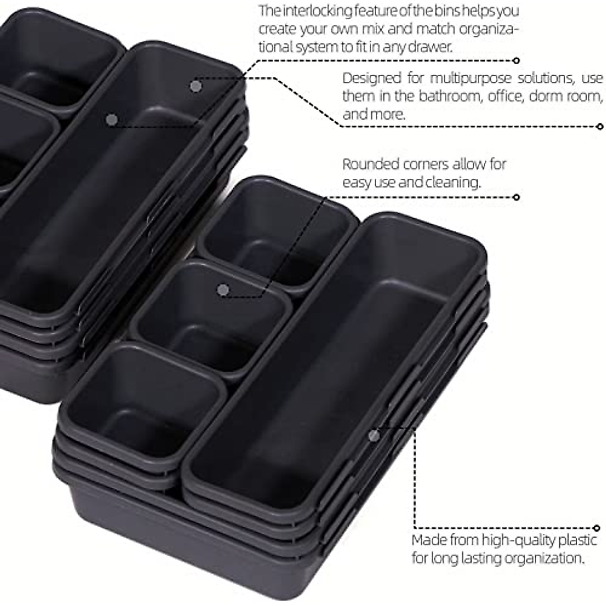 Albeads 16 Pack Interlocking Drawer Organizer Tray - Customizable Multi Purpose Storage Tray for Office，Bathroom，Kitchen,Makeup- Durable Desk Drawer Organizer (Dark Gray)