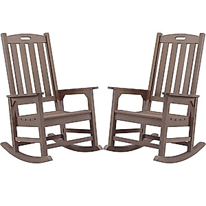Psilvam Oversized Outdoor Rocking Chair Set of 2, Porch Rocker with 21" Wide Seat and 32" Tall Backrest, Pre-Assembled with Most Components for Effortless Installation (Brown)