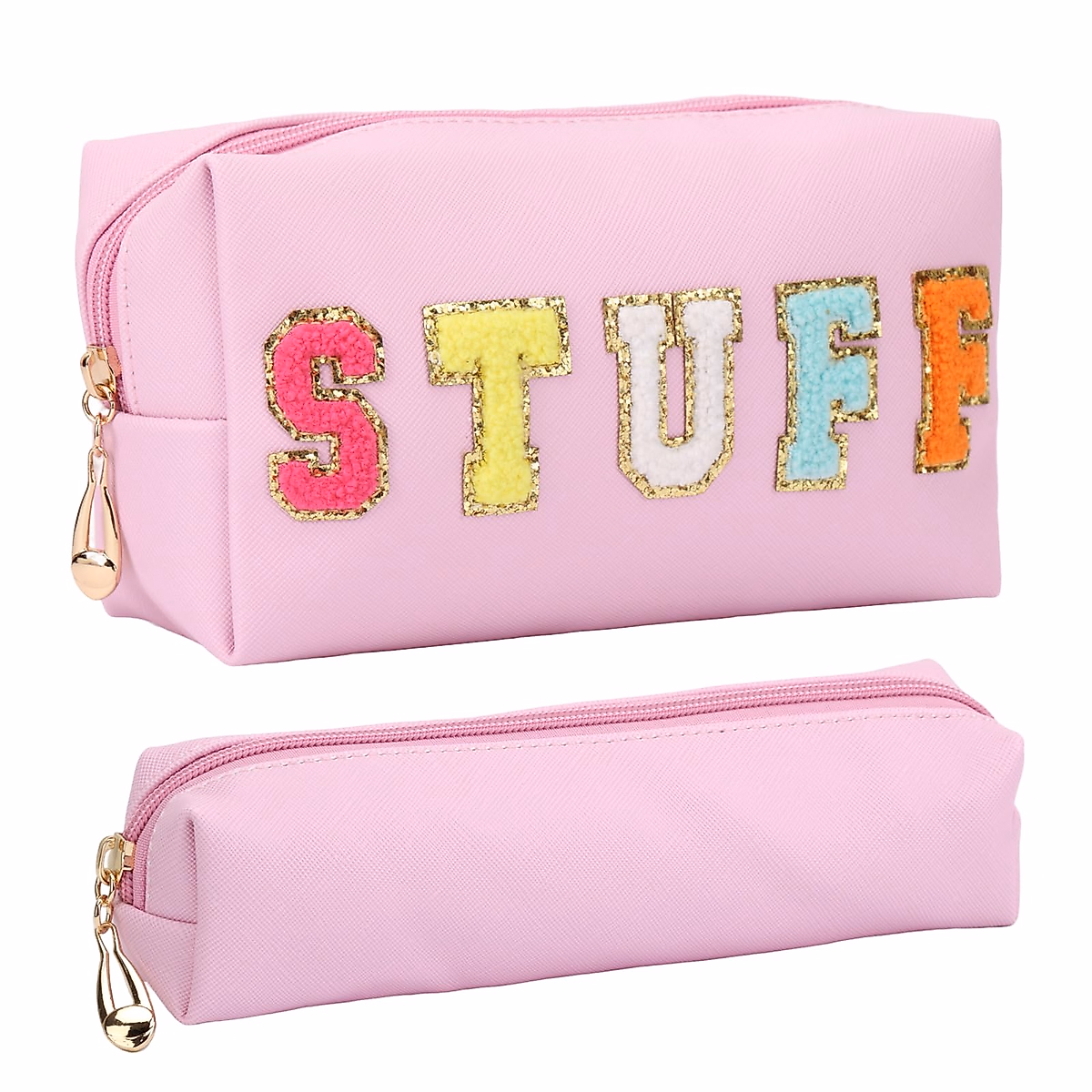 Fixwal 2pcs Stuff Bag, Preppy Makeup Bag, Portable Waterproof Purse, Cosmetic Bag with Patches, Stuff Pouch, Makeup Brush Bag, Pink